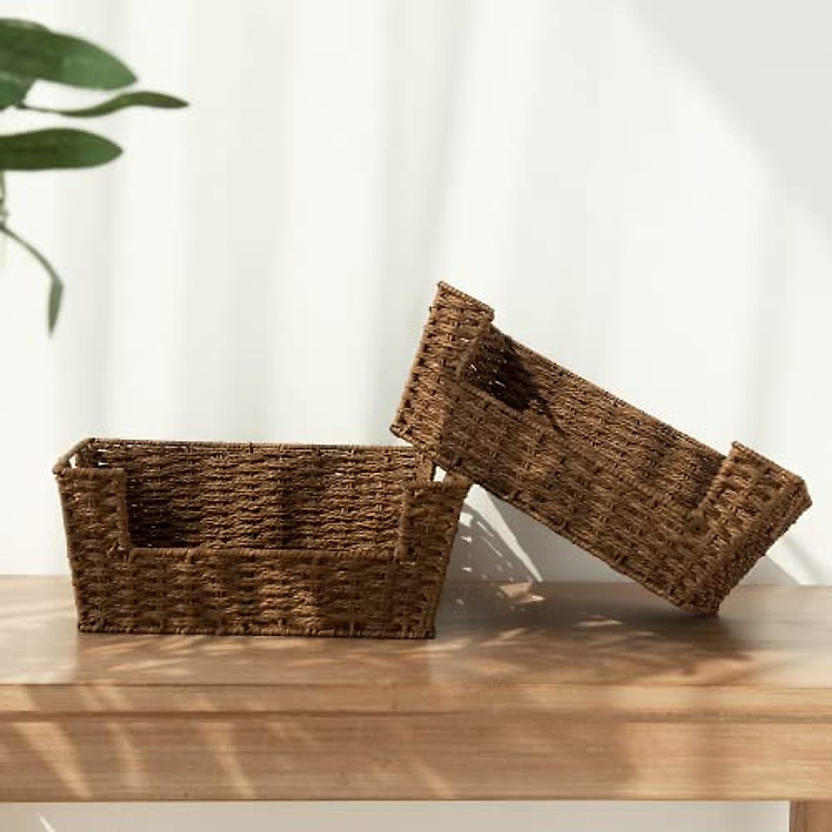 StorageWorks Pantry Storage Basket, Hand-Woven Open-Front Bin with Handles, Brown, 2 Pack