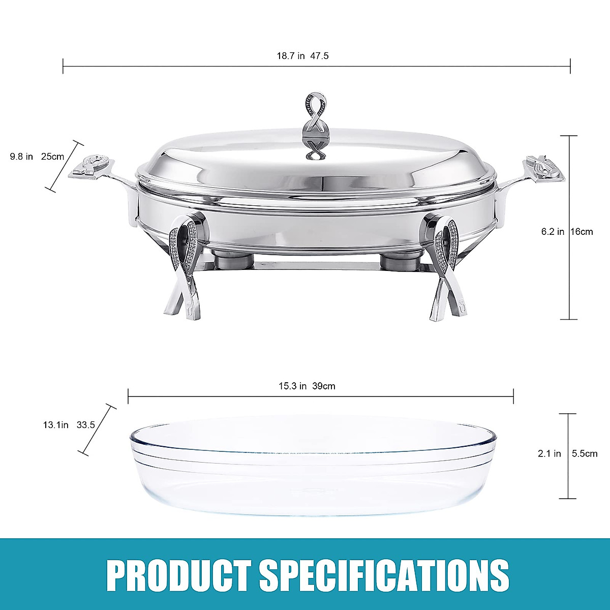 ORDINNER KIT Chafing Dish Buffet Set Stainless Steel Frame Safe Oven Glass Server with Lid Oval Food Warmer Chafing Dishes for Parties 3.2L