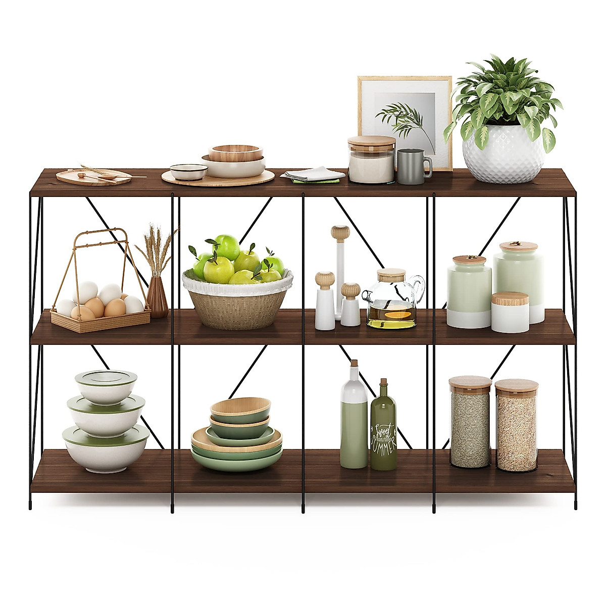 Furinno Besi 4 x 2 Multipurpose Shelf Display Rack with Metal Frame, Walnut Cove