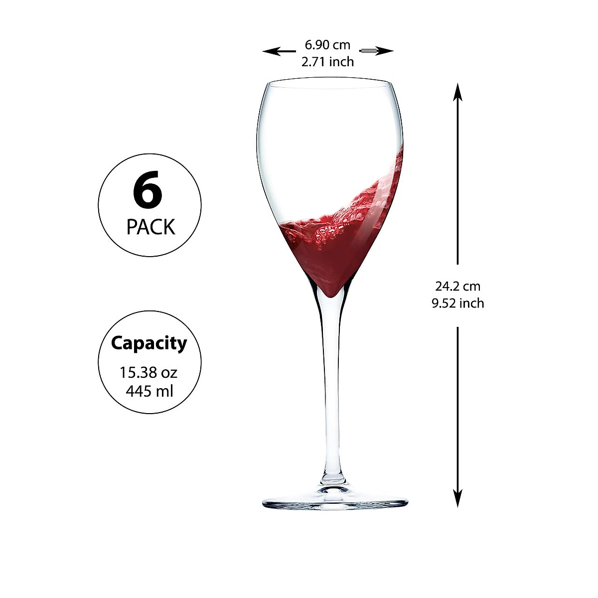 Biandeco Long Stem Wine Glasses Set of 6, 15.38 oz Premium Tempered Thin Rim Glasses for Drinking Red/White Wine, Crystal Clear Lead-Free Sturdy Glass - Made in Europe