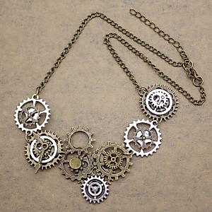 RechicGu Style A Watch Clock Clockwork Hand Gear Cog Steampunk Necklace Vintage Gold and Silver