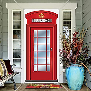 English Phone Booth Door Cover, Large Fabric Red Telephone Box Door Cover Home Jointed Phone Box Decor Banner for Photo Backdrop British International Themed Party Favors, 78.7 x 35.4 Inch