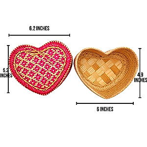 FOREVER 1 – Bamboo Sticky Rice Serving Basket 6.2 x 5.2 Inch, Kratip, Intricately Woven Container, Heart-Shaped, Elephant Weave Pattern, Bright Pink, Thailand Handmade, Dyed with Natural Based