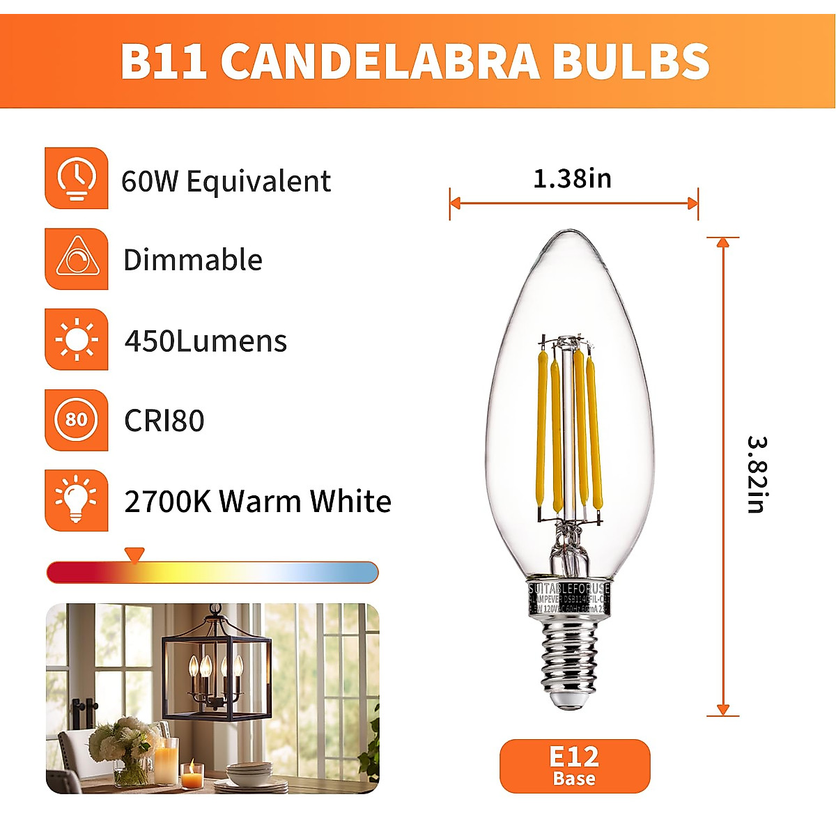 ALAMPEVER Chandelier Light Bulbs, 60W Equivalent Candelabra Bulb, E12 LED Bulb 2700K Soft White, 450LM, Candle Light Bulbs 6 Pack