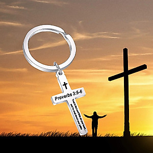 BEKECH Christian Keychain Trust in The Lord Proverbs 3:5-6 Keychain Cross Charm Religious jewelry Christian Gift (silver cross)