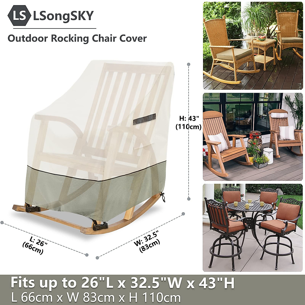 LSongSKY Outdoor Rocking Chair Cover 2 Pack, 100% Waterproof Heavy Duty Chair Covers, Patio Rocking Chair Covers for Outdoor Furniture, 26" W x 32.5" D x 43" H inches, White & Grayish Green
