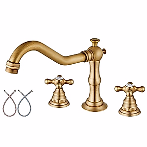 Aolemi Bathroom Sink Faucet Antique Brass Widespread Double Cross Handle Knobs 3 Hole Lavatory Mixer Tap Deck Mount Without Pop Up Drain
