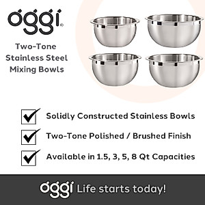 Oggi 3-Quart Two-Tone Stainless Steel Mixing Bowl, Great for Mixing, Making Dough, Dressing Salads, Mixing Eggs, Washing Vegetables