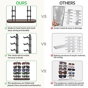 Mkono Sunglasses Organizer for 10 Pairs of Eyewear Glasses Holder Display Stand Sunglass Storage Eyeglasses Rack Double Metal Frames with Wood Base for Table Desk Countertop Dresser Bedroom