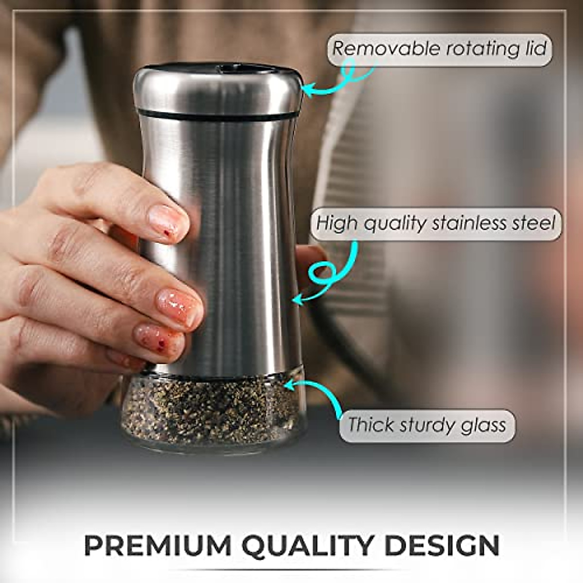 Pepper Shaker or Salt Shaker with Adjustable Pour Holes - Elegant Stainless Steel Spice Dispenser - Perfect for Himalayan, Table Salt, White and Black Pepper (Pepper Shaker)