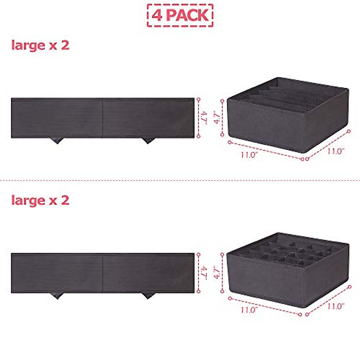 DIOMMELL 4 Pack Foldable Cloth Storage Box Closet Dresser Drawer Organizer Fabric Baskets Bins Containers Divider for Clothes Underwear Bras Socks Lingerie Clothing, Dark Grey 22-0000
