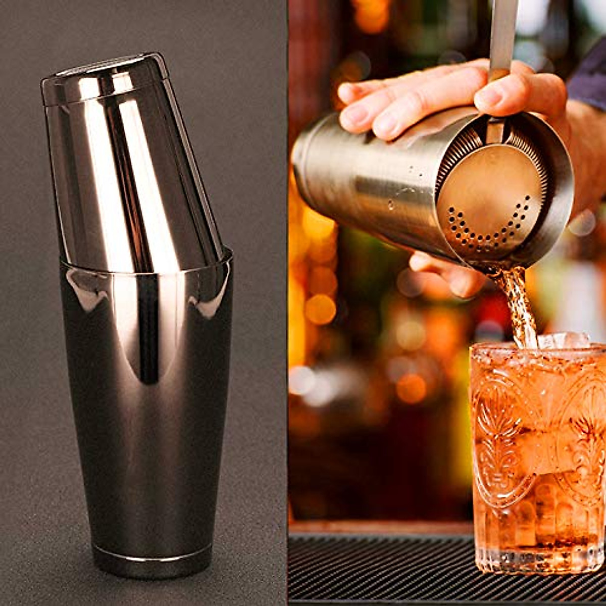 BarSoul Black Boston for Professional Bartender and Home Bar Including 18oz & 28oz Tins, Strainer, Measuring Jigger, Muddler, Mixing Spoon and Pourer (9 Piece), 2