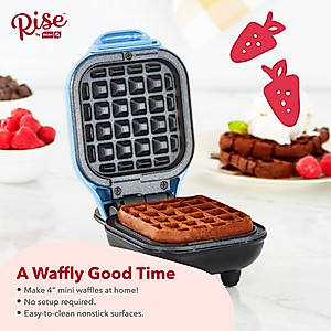 Rise by DASH Mini Waffle maker non stick surface cooks in minutes 4 inch waffles (Blue), Blue/Red
