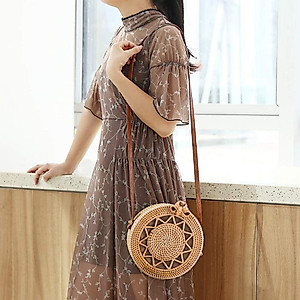 LYCSIX66 Handmade Round Rattan Bag Boho Summer Straw Bag Women Crossbody Purse