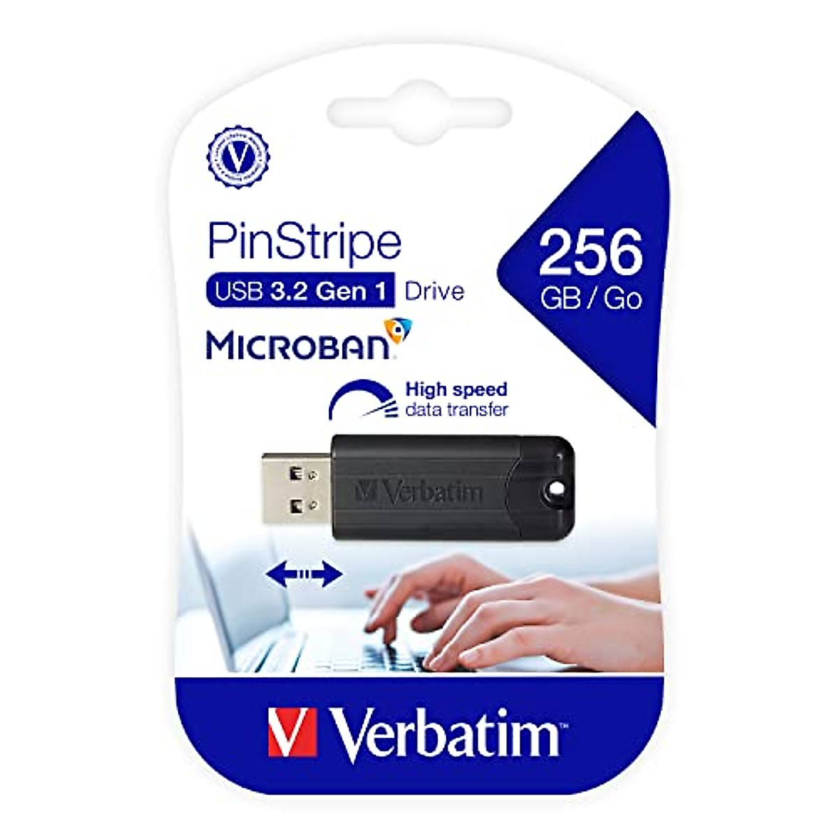 Verbatim 256GB Pinstripe USB 3.2 Gen 1 Flash Drive Retractable Thumb Drive - Black