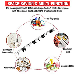 Zuric Mop Broom Holder Wall Mounted 24” Installation Stainless Steel 4 Racks 5 Hooks Hanger Organizer for Home Kitchen, Garage, Laundry, Garden Tools, Sporting Goods