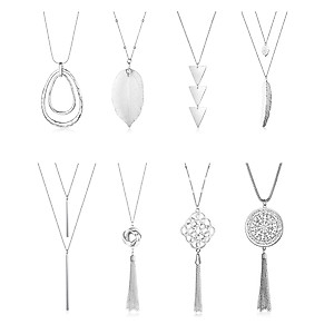 YADOCA 8 Pcs Long Pendant Necklaces for Women Y-Shaped Statement Sweater Necklace Simple Bar Leaf Circle Tassel Necklace Set Silver