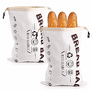 ZOOFOX Set of 2 Bread Bag, Waterproof Reusable Linen Cotton Bread Bags, Fresh-keeping Homemade Bread Container Bag with Double Lining for Large Loaf, Baguette, Food, Gift Giving, 17" x 13"