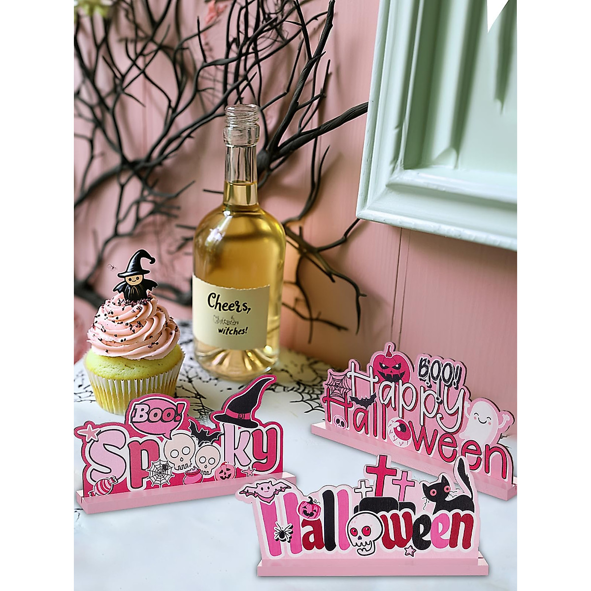 3 pcs Halloween Table Decor Wooden Centerpiece Signs- Happy Halloween Trick or Treat Boo Tabletop Signs with Witch Hat Goast Pumpkin for Home Party Office Desk Halloween Decorations Indoor