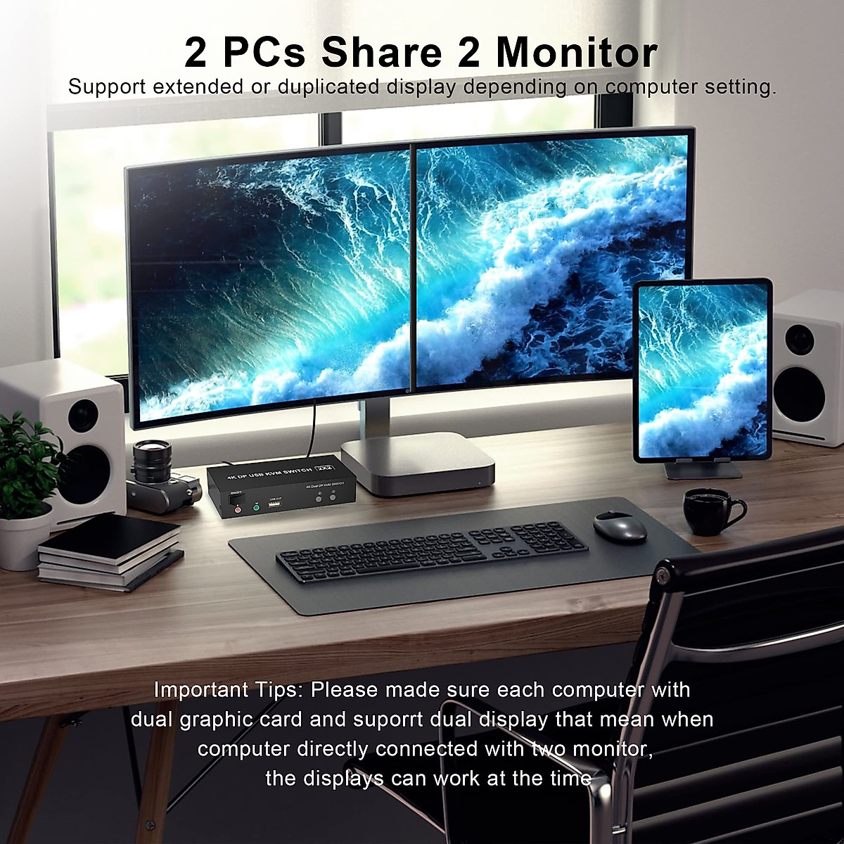 KVM Switch Dual Monitor DisplayPort 4K@60Hz Extended Display, Displayport 1.2 KVM Switch 2 in 2 Out with Audio Microphone Output and 3 USB 2.0 Hub 2 Monitors 2 Computers kvm Switch