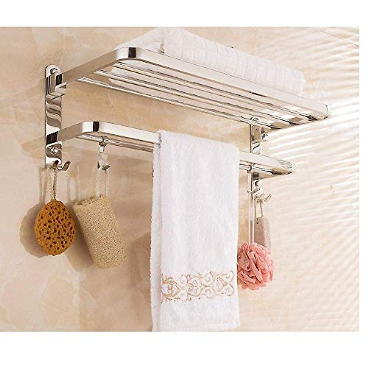 Susthickened Mirror Polished Double Layer Foldable Towel Rack with Hook-Length Wall Mounted Towel Bar Hanging for Kitchen Bathroom Cupboard