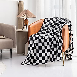 LOMAO Throw Blankets Flannel Blanket with Checkerboard Grid Pattern Soft Throw Blanket for Couch, Bed, Sofa Luxurious Warm and Cozy for All Seasons (Black, 51"x63")