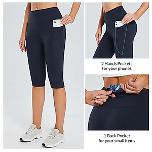 BALEAF Women's Knee Length Leggings High Waisted Plus Size Yoga Workout Exercise Capris for Casual Summer with Pockets Navy Blue L