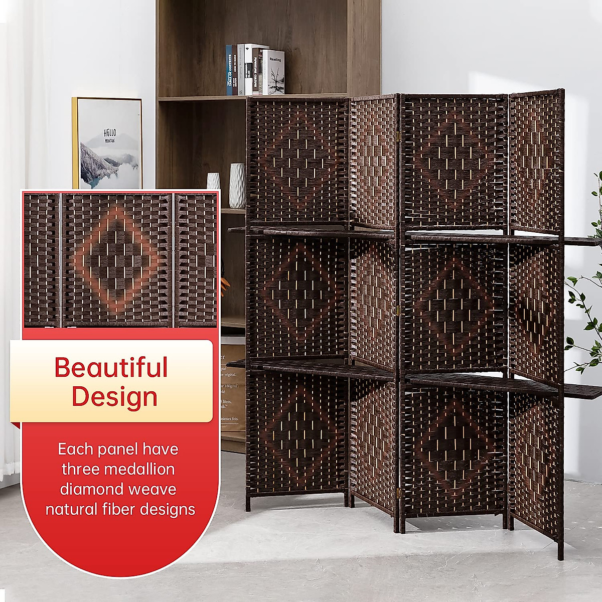 Room Divider 4 Panels Wood Frame Foldable Portable Separator Screen Folding Wall Dividers with Removable Storage Shelves for Home Living Room,Brown