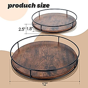 12 Inch Wood Lazy Susan Turntable for Table, Kitchen Rustic Brown Turntable Organizer with Steel Frame, 360 Degree Decorative Turntable for Countertop Cabinet or Centerpieces