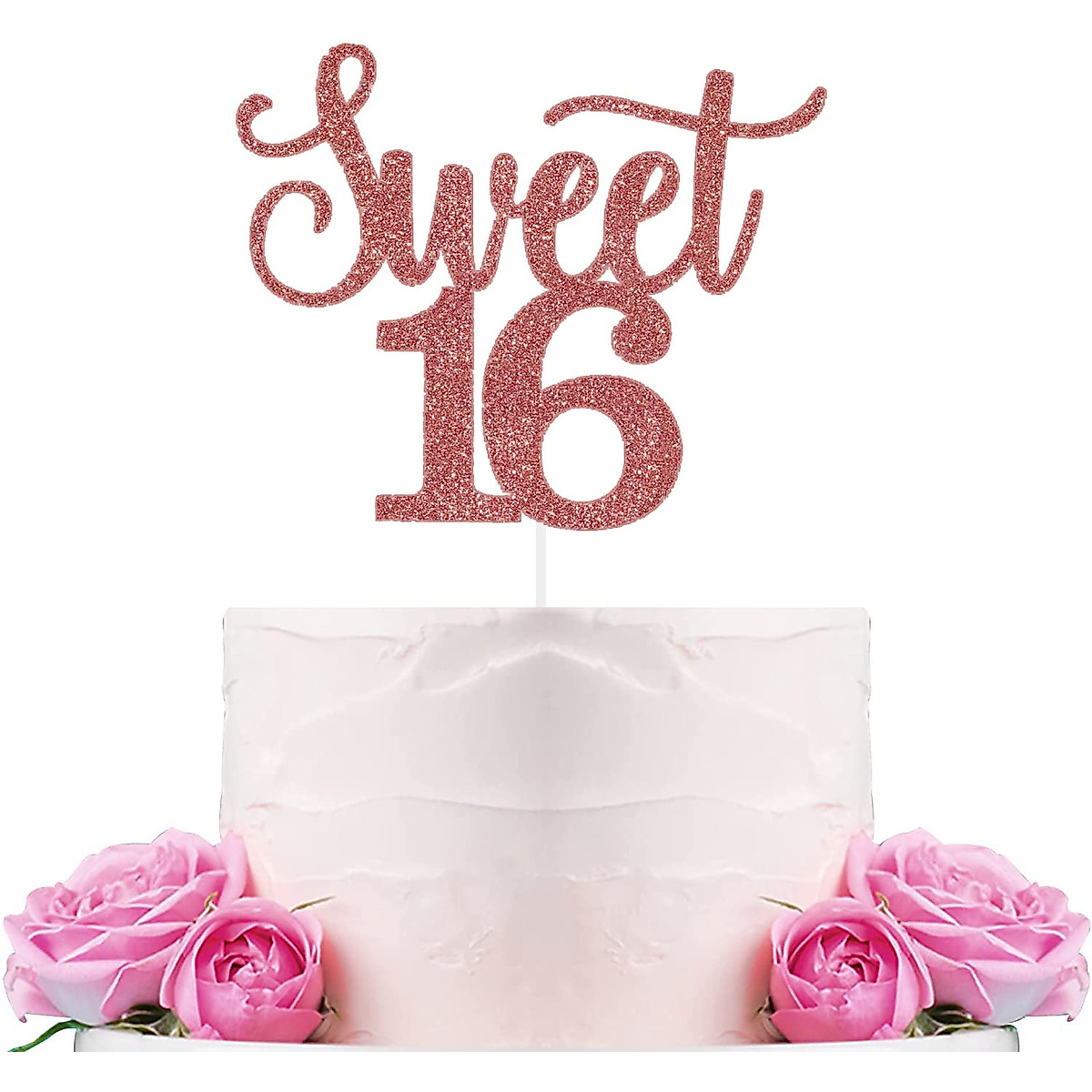 Sweet 16 Decorations Rose Gold - Happy Sweet 16 Birthday Banner Pre-Strung & Sweet 16 Cake Topper & Circle Dots Garland & White Rose Gold Confetti Balloons for 16th Birthday Decorations