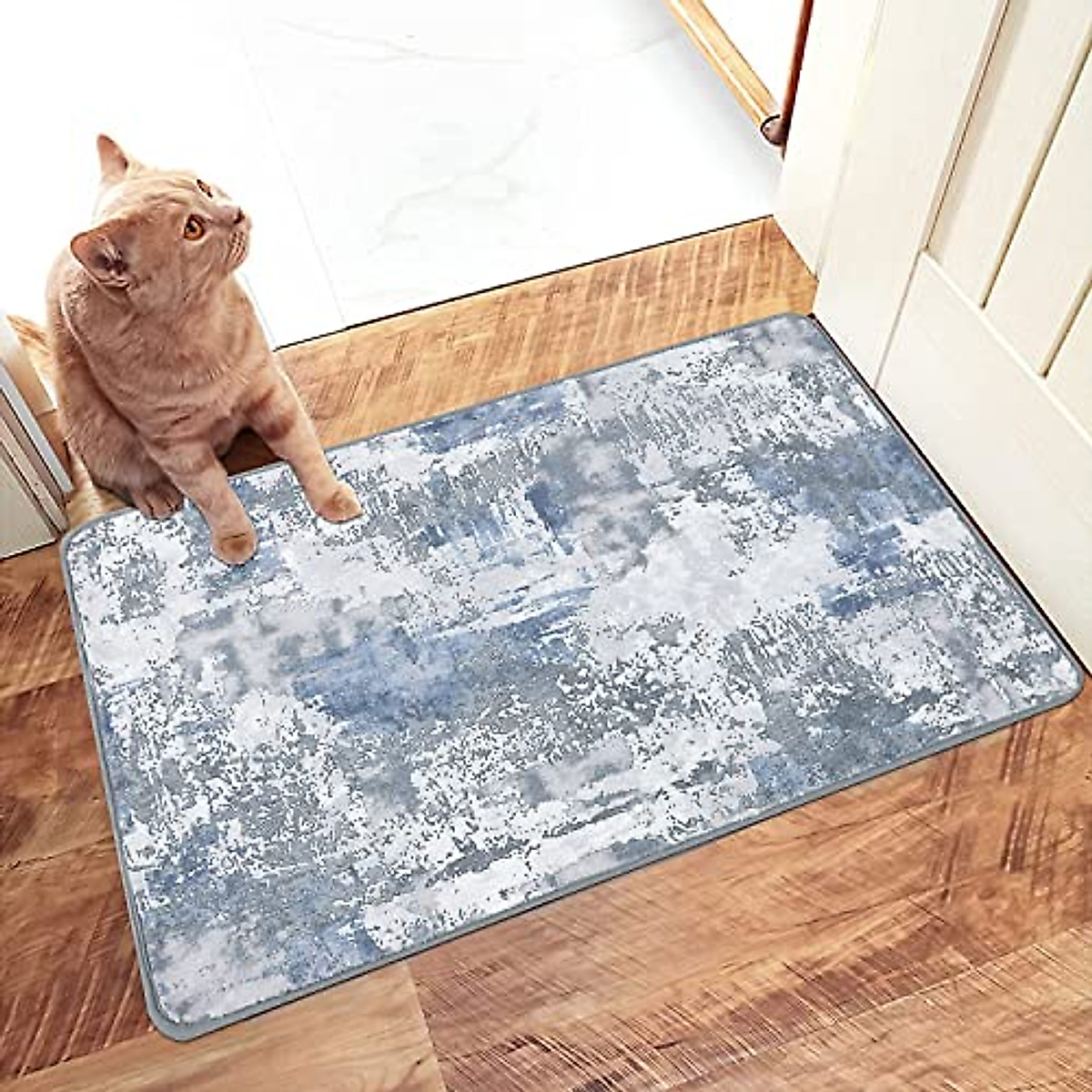 famibay 2x3 Rug Non Slip Modern Abstract Small Area Rugs for Bedroom Soft Flurry Throw Rugs with Rubber Backing Low Pile Indoor Washable Rugs Carpet for Entryway Bedroom Bathroom (Blue and Grey)