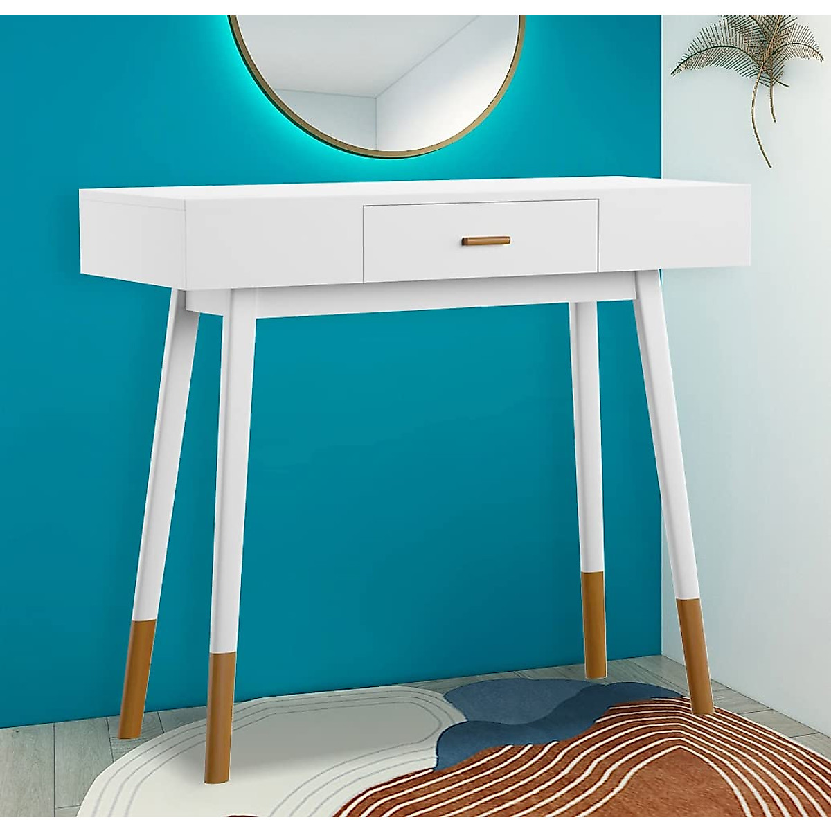 eHemco Euro Console Sofa Table for Entryway with Drawer and Bamboo Legs in White and Dark Oak, Great for Living Room