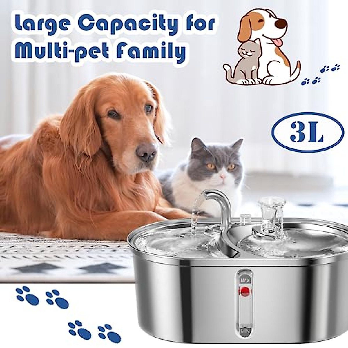 MewDgland Cat Water Fountain 3L/101oz Stainless Steel, 2 in 1 Cat Food Bowl and Pet Water Fountain for Cats Inside, Quiet Automatic Water Dispenser for Dogs and Cats
