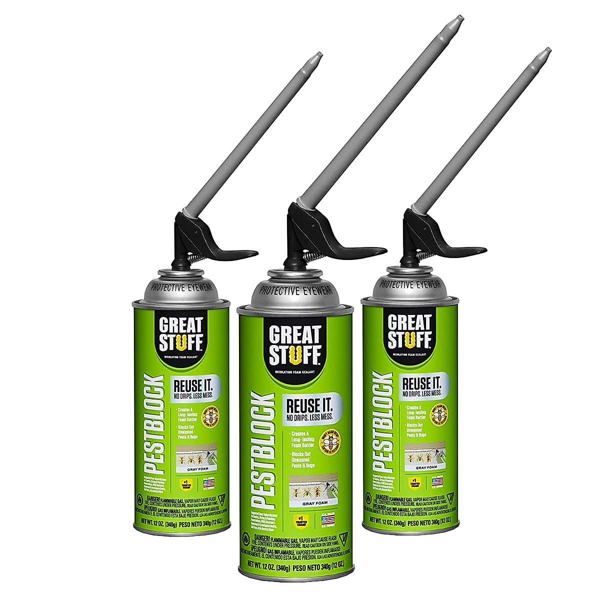 Great Stuff Pestblock Smart Dispenser - 3 Pack (3 x 12oz), Cans Off-White Spray Foam sealant for House/Home
