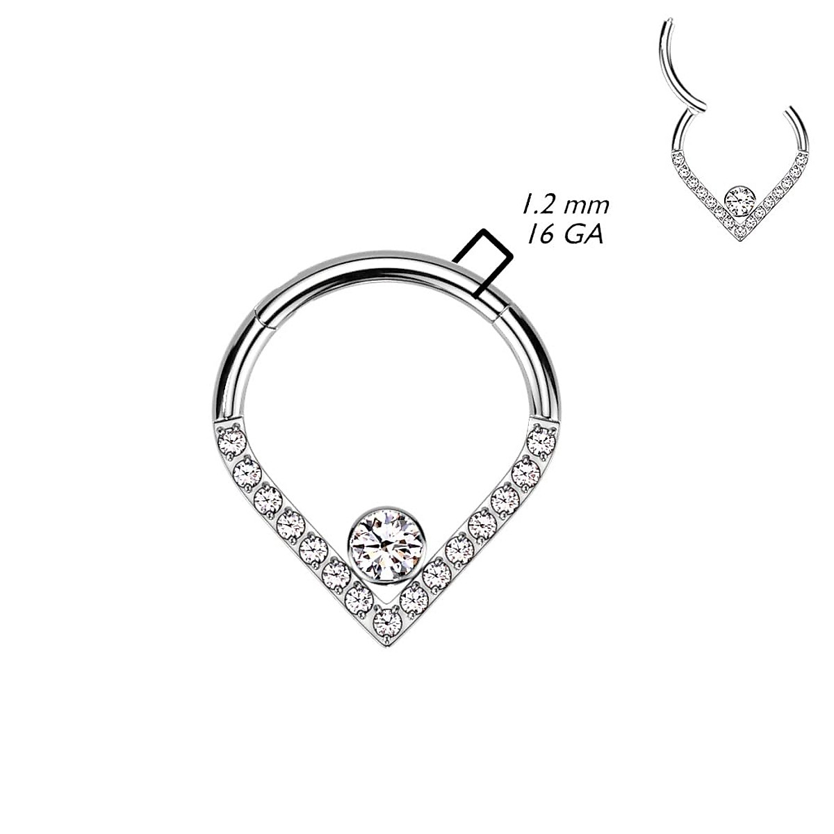 Pierced Owl 16GA F136 Implant Grade Titanium CZ Crystal Center and CZ Crystal Lined Chevron Shaped Hinged Segment Ring (10mm (3/8") Diameter)