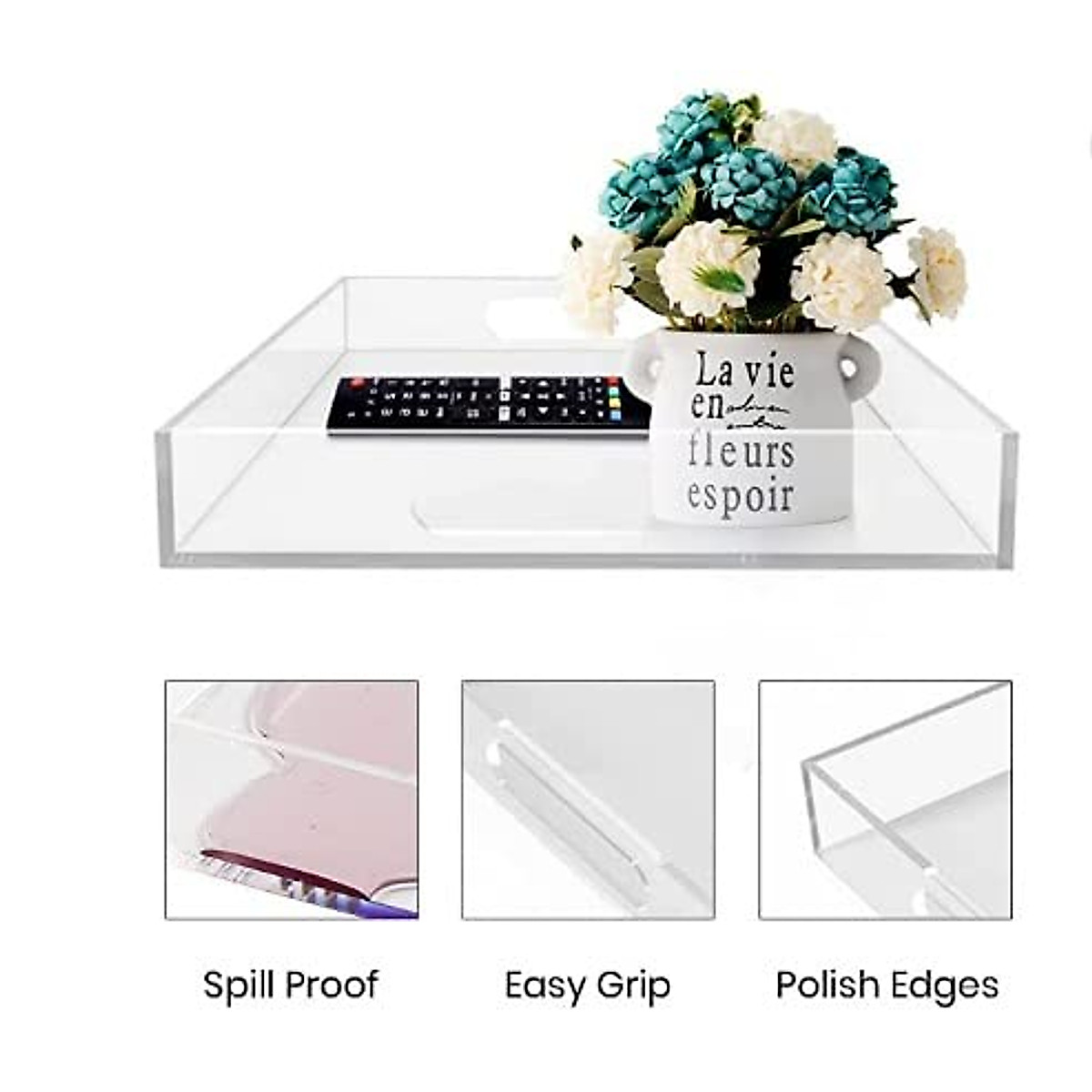 Rectangle Coffee Table Tray - Clear Acrylic Tray with Handles 16 x 12 x 2 - Rectangle Tray for Serving Food, Coffee, Organizing Bathroom Accessories, Makeup, Perfume, Ottoman, Eating in Bed Tray