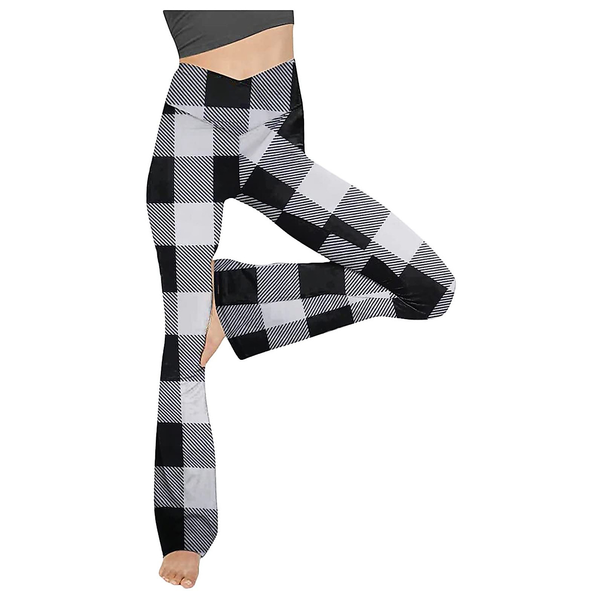High Waisted Pants for Women 4 Way Stretch Comfy Non-See-Through Bootcut Yoga Plaid Printed Dress Pants Sweat Pants