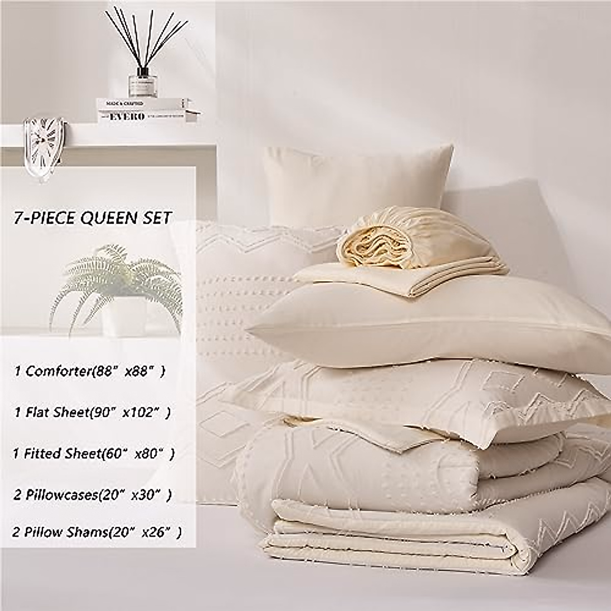 sponwilar Queen Comforter Set 7 Pieces Boho Bed in a Bag, Geometric Textured Tufted Bed Set, Soft Microfiber Lightweight Bedding Set for All Season(Cream, Queen)