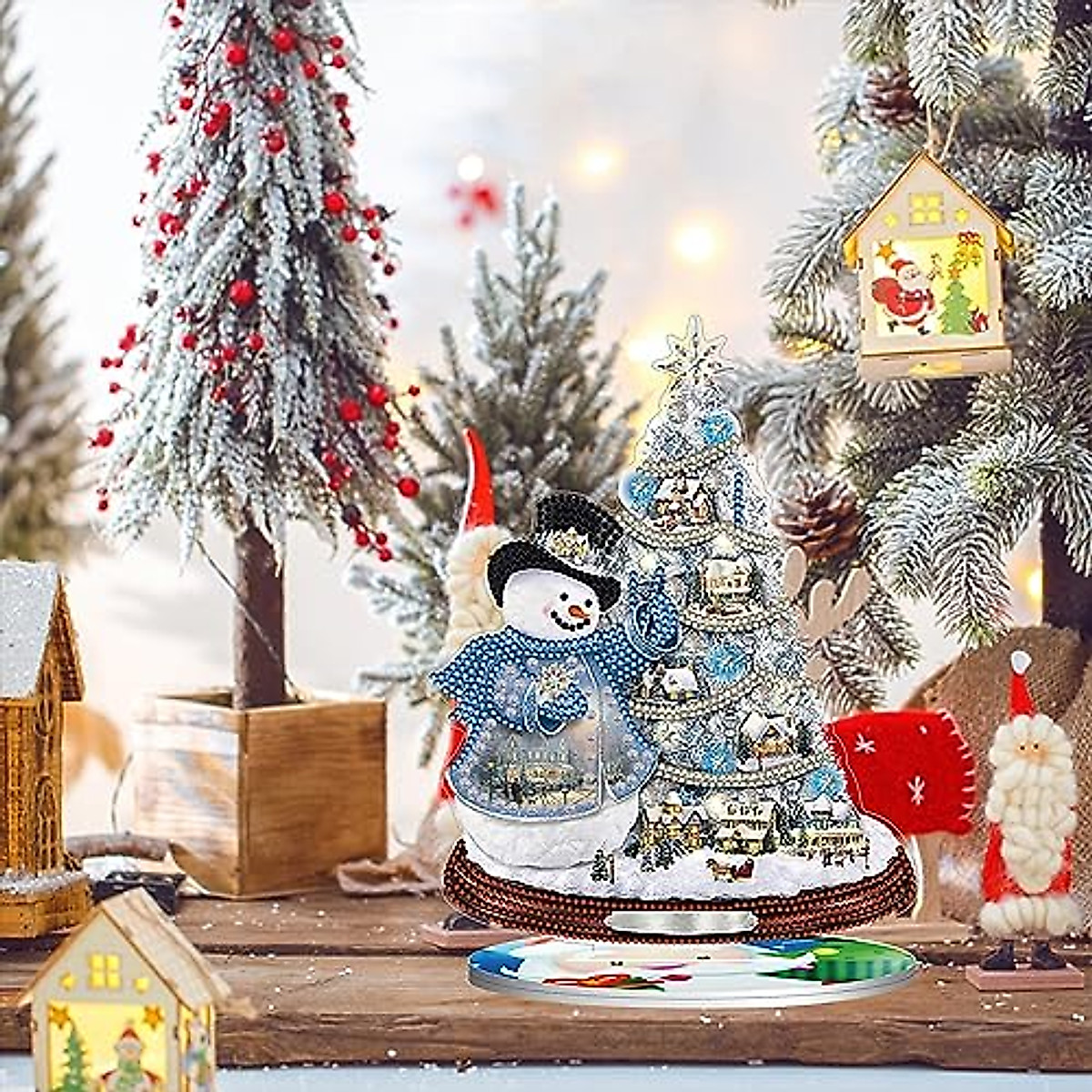 Orgone DIY 5D Snowman Diamond Painting Desk Ornaments Kits Special Shaped Rhinestones Wooden Diamond Art Desktop Ornament for Christmas Xmas Table Office Home Decoration Housewarming Birthday Gift