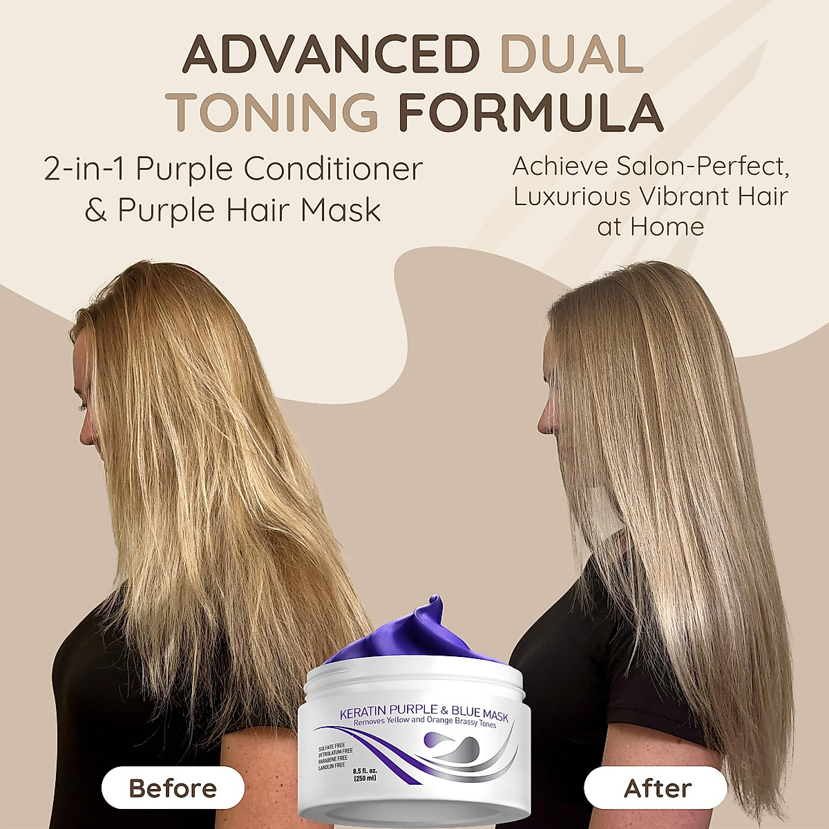 Vitamins Keratin Purple Hair Mask - Violet Blue Protein Deep Conditioner Treatment - Toner for Blonde Platinum Silver Gray Ash or Brown Colored Dry and Damaged Brassy Hair