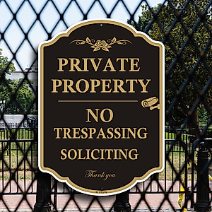 Private Property Sign No Trespassing Sign, No Soliciting Signs, CCTV IP Camera Video Surveillance Warning Metal Signs, 14 x 10 Inches Rust Free Aluminum Metal Sign, 1 Pack