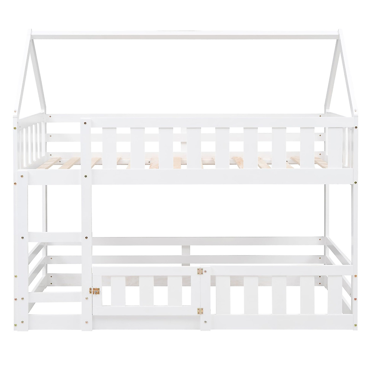 Merax House Bunk Bed Twin Over Twin, Modern Wood Floor Bunk Bed with Fence and Door, for Boys Girls Teens, White