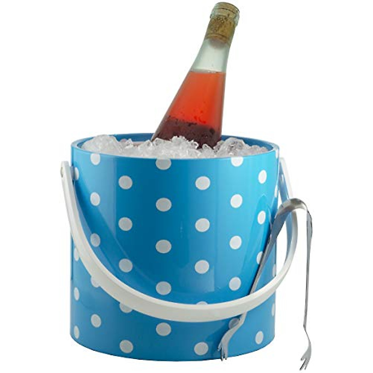 Hand Made In USA Turquoise & White Double Walled 3-Quart Insulated Ice Bucket With Ice Tongs (Polka Dot Collection)