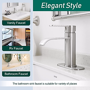 VOTON Brushed Nickel Bathroom Faucets, Single Handle Bathroom Sink Faucet Modern Waterfall Bathroom Faucet 1 or 3 Holes with Deck Plate, Rv Camper Farmhouse Utility Remodel Mixer Tap Washbasin Faucet