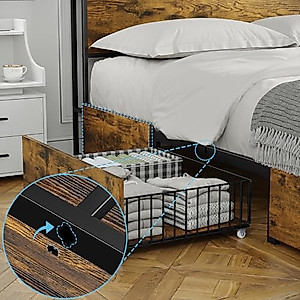 Furnideco Full Bed Frame with Bookcase Headboard and 4 Storage Drawers, Metal Platform Bed Frame with LED Light, Mattress Foundation with Metal Slats Support, No Box Spring Needed