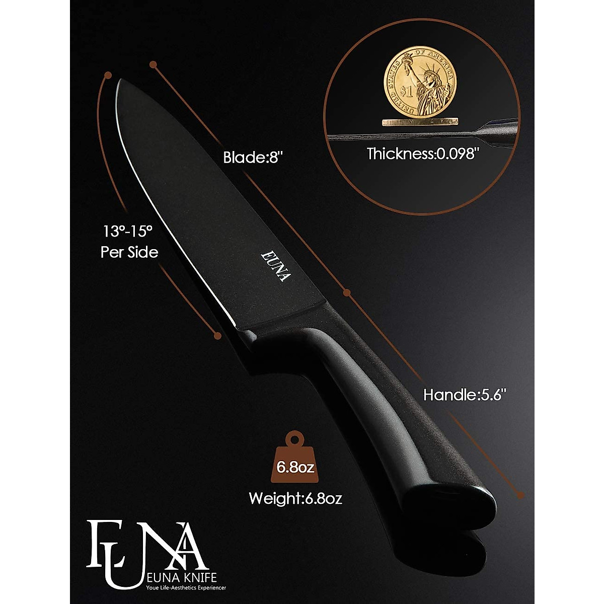EUNA kitchen knife 8 inches Integrated with sheath & gift box Chef's knife Durable, ultra-sharp cutlery knife with ergonomic handle for culinary cutting. Cutting meat vegetables