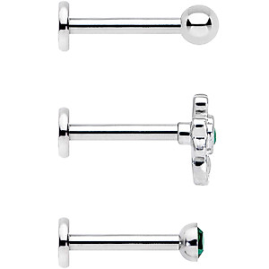 Body Candy 3PC 16G Womens 316L Steel Green Accent Shamrock Labret Monroe Lip Ring Cartilage Tragus 5/16"