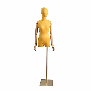 DE-LIANG Female Mannequin Torso with Stand Yellow Suede Fabric Women Dress Form with Wooden Arms Natural Wood Color, Fabric is (Yellow)