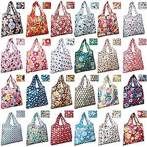 Eccliy 24 Pieces Reusable Grocery Bags Polyester Shopping Bags for Groceries Multi Colors Reusable Bags Foldable Shopping Bag (Flower Style)