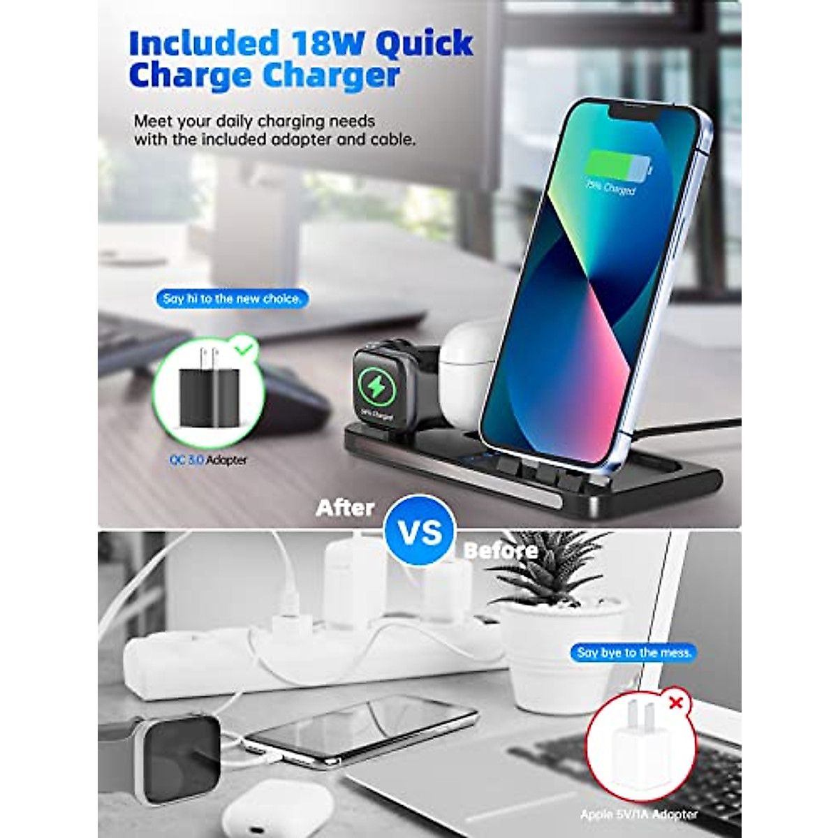 3 in 1 Charging Station, Foldable Charging Stand for Multiple Apple Devices Compatible with iPhone, iWatch, Air Pods, 18W Fast Charge Portable Travel Charger with QC3.0 Adapter…